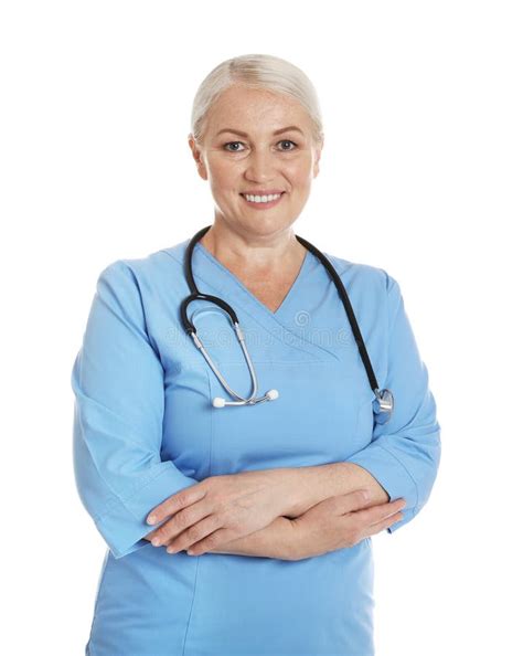 Portrait Of Female Doctor In Scrubs Isolated Medical Staff Stock Image