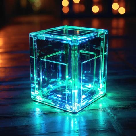Premium Ai Image Glowing Turquoise Cube Reflecting On Wooden Surface