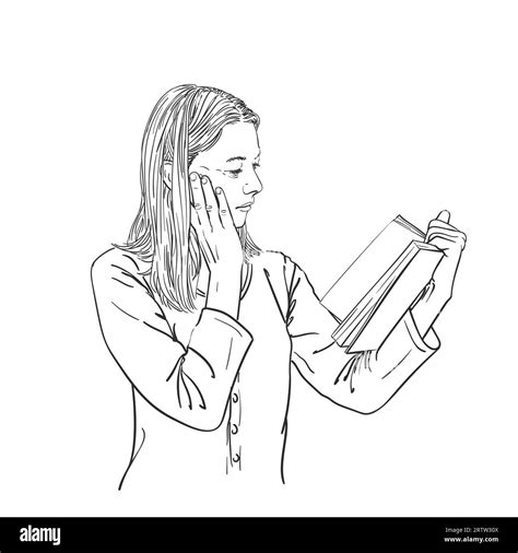 Girl Is Reading Book And Touching Her Cheek With Her Palm Vector