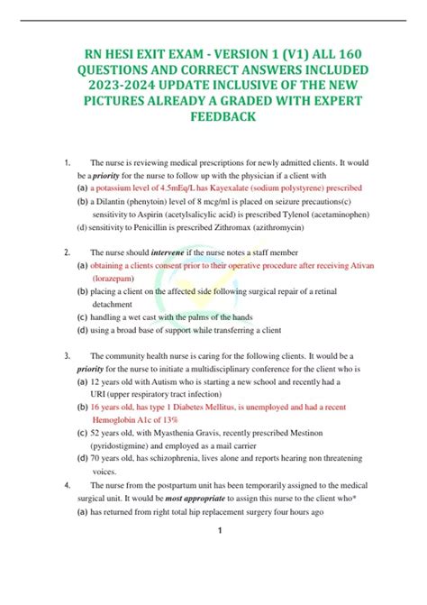 RN HESI EXIT EXAM VERSION 1 V1 ALL 160 QUESTIONS AND CORRECT