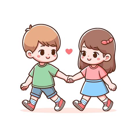 소년과 소녀가 손을 잡고 고 있는 만화 터 일러스트레이션 프리미엄 벡터