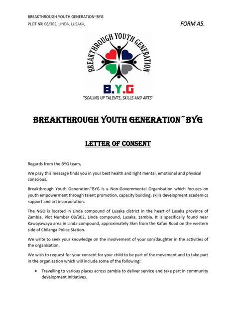 Breakthrough Youth Generation Letter Of Consent Pdf Business