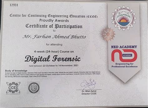 Digital Forensic Certificate Of Participation Farhan Ahmed Bhutto