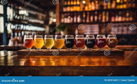 Glasses With Different Sorts Of Craft Beer On Wooden Bar Tap Beer In