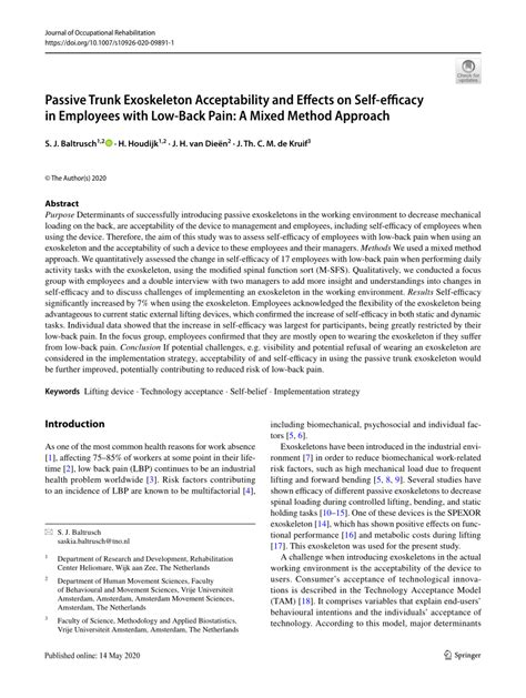 Pdf Passive Trunk Exoskeleton Acceptability And Effects On Self Efficacy In Employees With Low