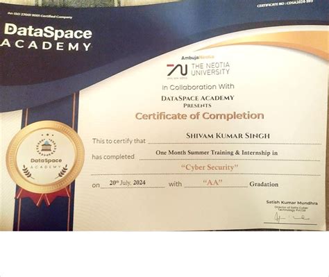 Shivam Kumar Singh On Linkedin Completed My One Month Internship From Data Space Academy On Cyber…