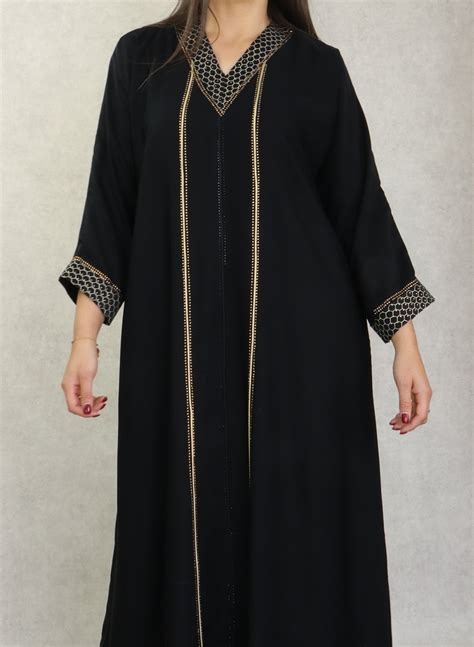 Robe de soirée Abaya Dubaï noire de qualité avec broderie et strass dorés Prêt à porter et