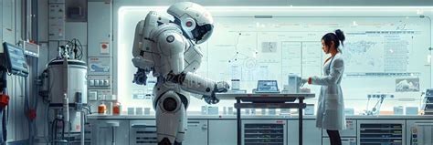 Partnership In Genetic Research Human And Robot Working Together Stock Illustration
