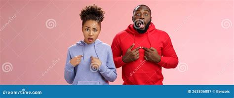 Why Us Shocked Disturbed Complaining Two African American Brother Sister Pointing Chest Index