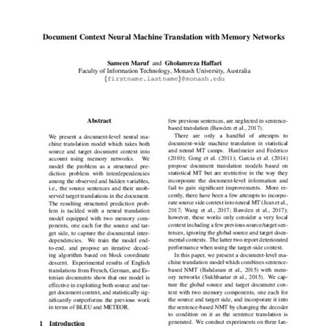 Document Context Neural Machine Translation With Memory Networks Acl Anthology