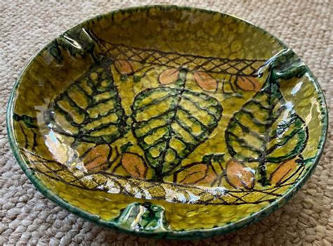 Vintage 60s Round Ceramic Ashtray Leaves Mid Century Modern Italy Hand