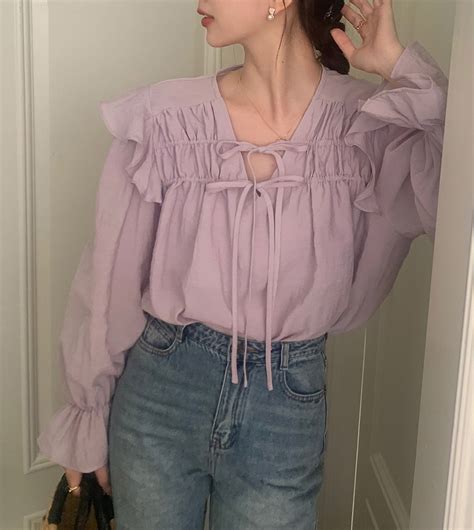 프릴 리본 퍼플 블라우스
