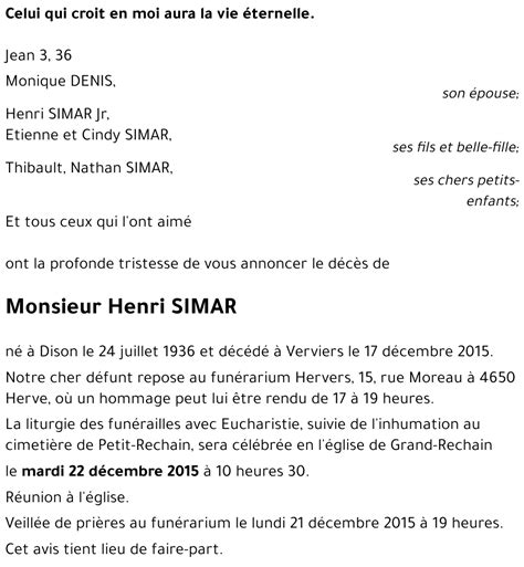 Avis De Décès De Henri Simar Décédé Le 17122015 à Verviers Annonce