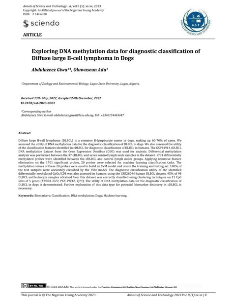 Pdf Exploring Dna Methylation Data For Diagnostic Classification Of
