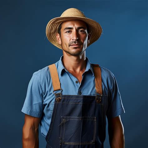 Premium Photo Diligent Agricultural Laborer On Solid Blue Background