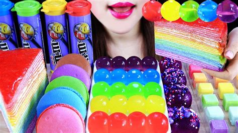 Asmr 🌈rainbow Dessert Giant Popping Boba Macaron Crepe Cake Mandm