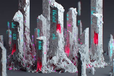 Surreal Render Of Futuristic Cityscape With Abstract Structures And Glowing Elements At Dusk