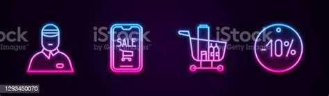 세트 라인 판매자 휴대 전화 및 쇼핑 카트 쇼핑 음식 및 10 할인 태그 빛나는 네온 아이콘 벡터 10에 대한 스톡 벡터 아트