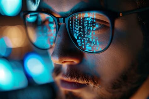 closeup portrait of software engineer working on computer line of code reflecting in glasses