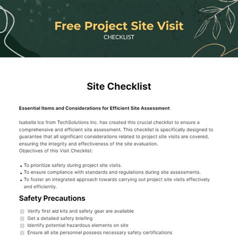 Free Project Site Visit Checklist Edit Online And Download