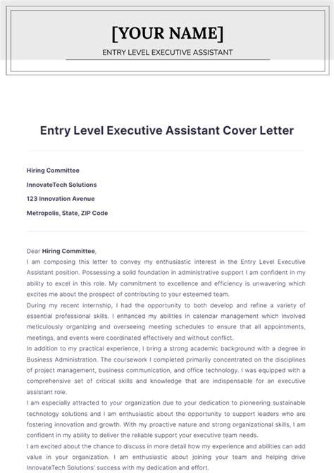 Free Entry Level Executive Assistant Cover Letter Template To Edit Online