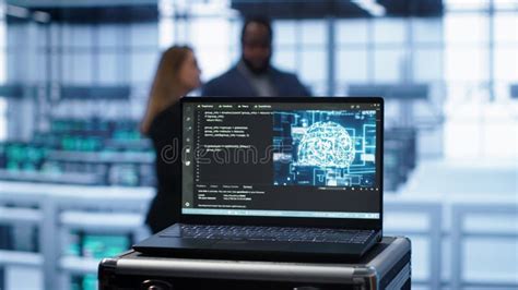 Focus On Notebook Used By Engineers In Server Hub In Blurry Background Stock Illustration