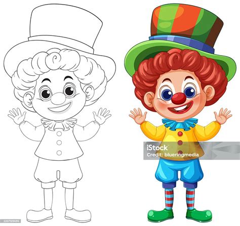 화려한 의상과 쾌활한 표정이 돋보이는 생생한 광대 일러스트레이션 상세한 흑백 개요 버전 고객 참여에 대한 스톡 벡터 아트 및 기타 이미지 고객 참여 공연자 놀이