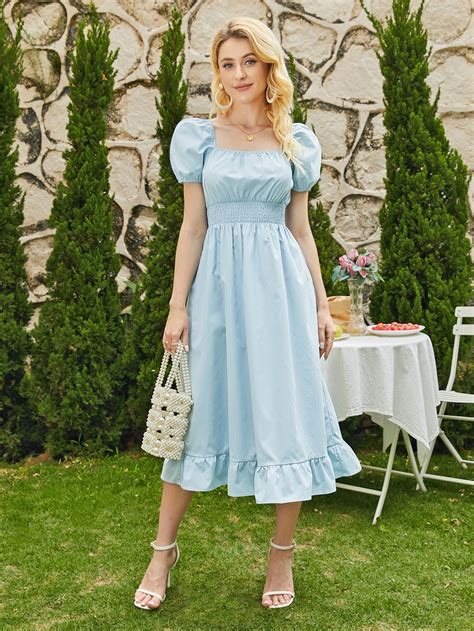 1pc Puff Sleeve Square Neck Shirred Waist Ruffle Hem Dress Vintage