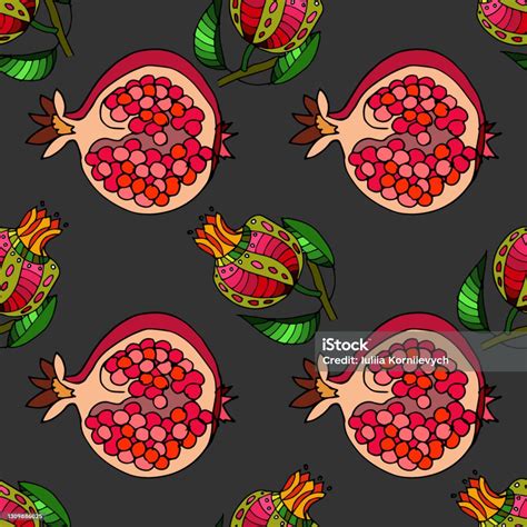 어두운 배경에 육즙 이 잘 익은 석류의 조각과 원활한 벡터 과일 패턴 직물 및 기타 제품에 인쇄인쇄하기 위한 인쇄 0명에 대한 스톡 벡터 아트 및 기타 이미지 Istock
