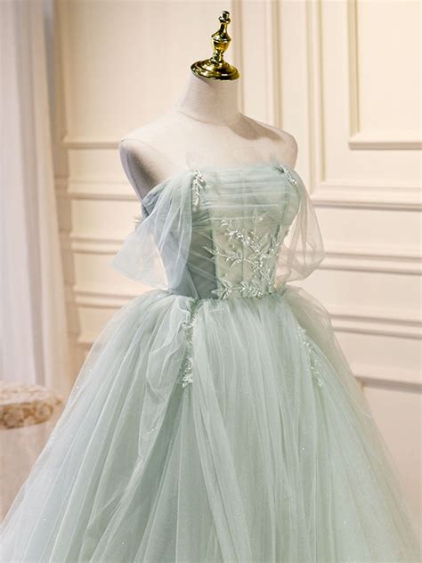 A Line Off Shoulder Tulle Green Long Prom Dresses Green Formal Dress