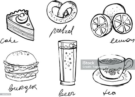 컬렉션의 패스트 푸드 요리와 음료 케이크 꽈 배기 레몬 햄버거 맥주 차 손 흰색 배경에 그려진된 벡터 일러스트 레이 션 개념에