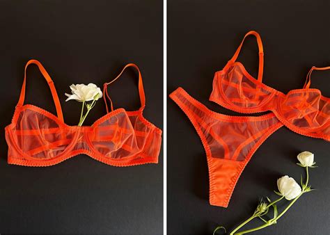 Sheer Orange Lingerie Set Mesh Garter Belt Bra And Thong Sensual