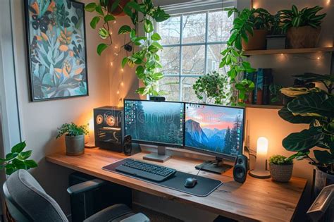 Cozy Home Office Setup With Dual Monitors A Wooden Desk Ambient Lighting Stock Image Image
