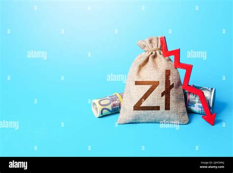 Polish Zloty Money Bag And Arrow Down Falling Economy Drop In Profits Decrease In Interest