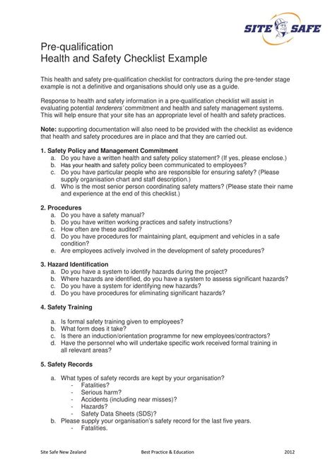 Pre Qualification Health And Safety Checklist Example Site Safe