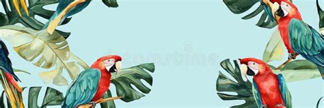 Colorful Macaws Perched On Tropical Leaves With A Light Blue Background