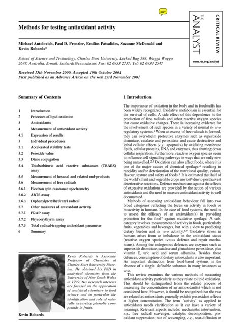 Methods For Testing Antioxidant Activity Pdf Antioxidant Radical Chemistry