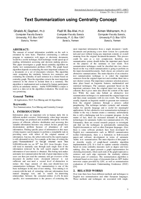 Pdf Text Summarization Using Centrality Concept