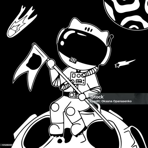 열린 공간에서 우주 비행사 Ufo 우주선 로켓 태양계 은하계 여행 은하 행성 소행성 혜성 별똥별 흑백 그림입니다 벡터 과학에 대한 스톡 벡터 아트 및 기타 이미지 Istock