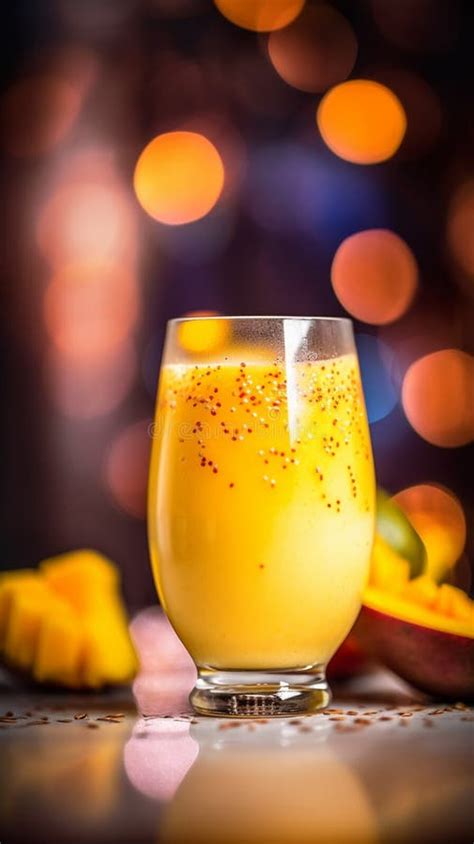 Mango Lassi With Decoration And A Cozy Blur Background Stock