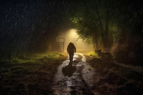 Premium Ai Image A Person Walking Down A Path In The Dark With A