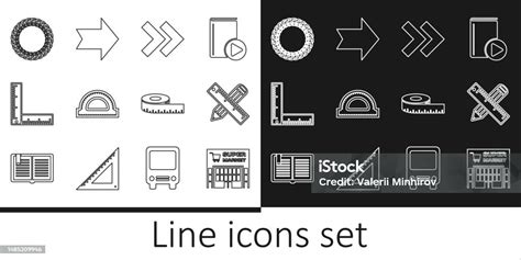 세트 라인 슈퍼마켓 건물 교차 자 및 연필 화살표 각도기 그리드 접기 월계관 줄자 및 아이콘 벡터 건축하기에 대한 스톡 벡터 아트 및 기타 이미지 Istock