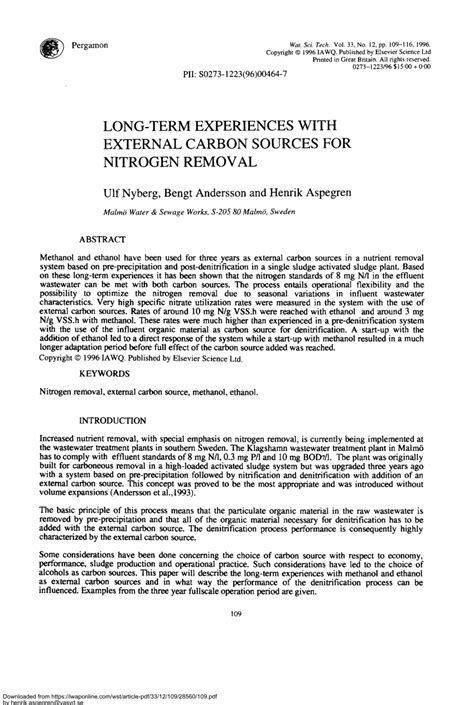 Pdf Long Term Experiences With External Carbon Sources For Nitrogen