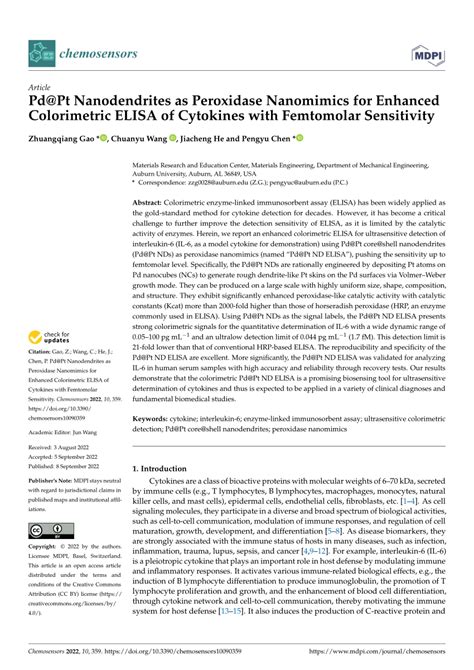 Pdf Pd Pt Nanodendrites As Peroxidase Nanomimics For Enhanced Colorimetric Elisa Of Cytokines