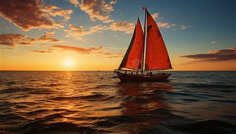Sailing Ship Glides On Tranquil Seas Reflecting Sunset Beauty