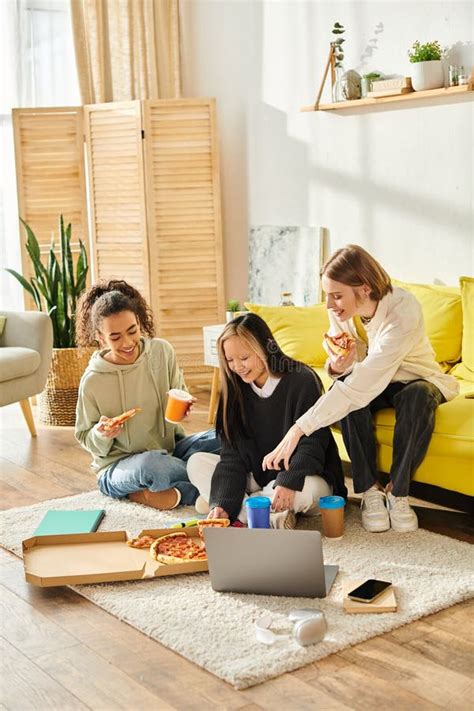 Teenage Girls Of Different Races Sit Stock Image Image Of Home Slice