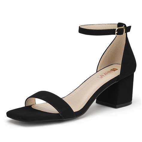 Idifu Black Heels Chunky Block Low Short Square Open Toe Heel Sandals