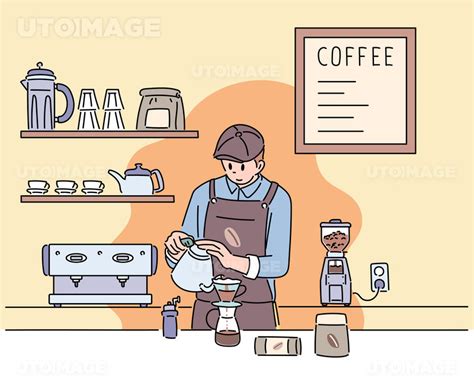 유토이미지 한 남성 바리스타가 핸드드립 커피를 내리고 있다