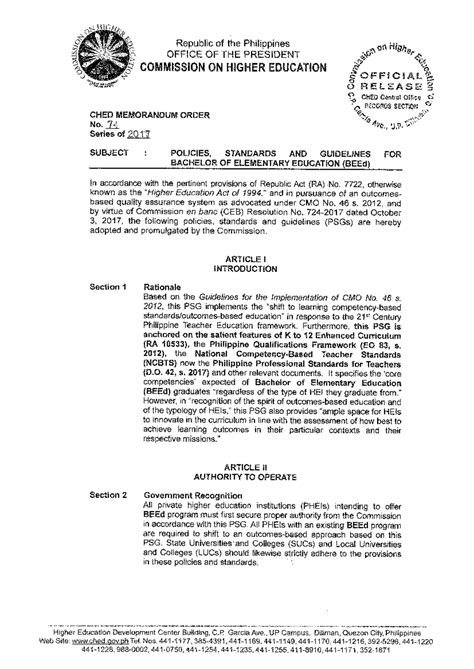 CMO-No - CMO BEED - ON HIGHER Republic of the Philippines OFFICE OF THE ...