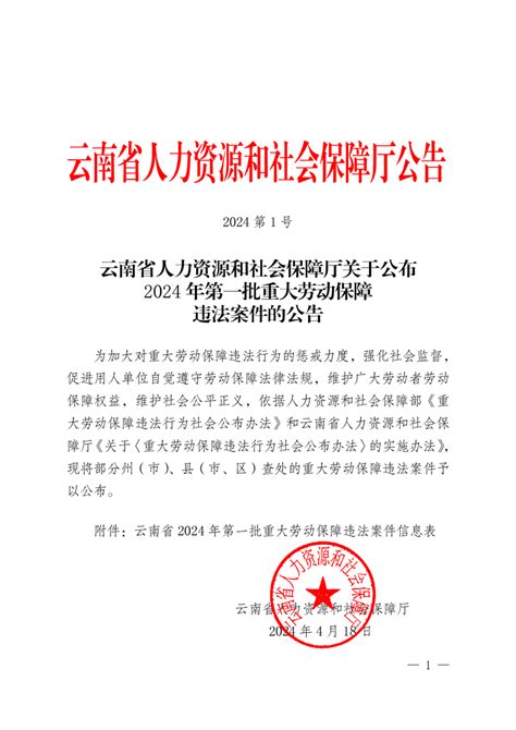 云南省人力资源和社会保障厅关于公布2024年第一批重大劳动保障违法案件的公告云南省住房和城乡建设厅